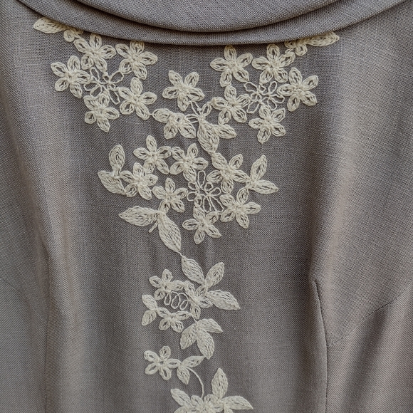 Dresses | 196s Linen Cowl Collar Sheath Dress Gray Cream Floral Crewel ...